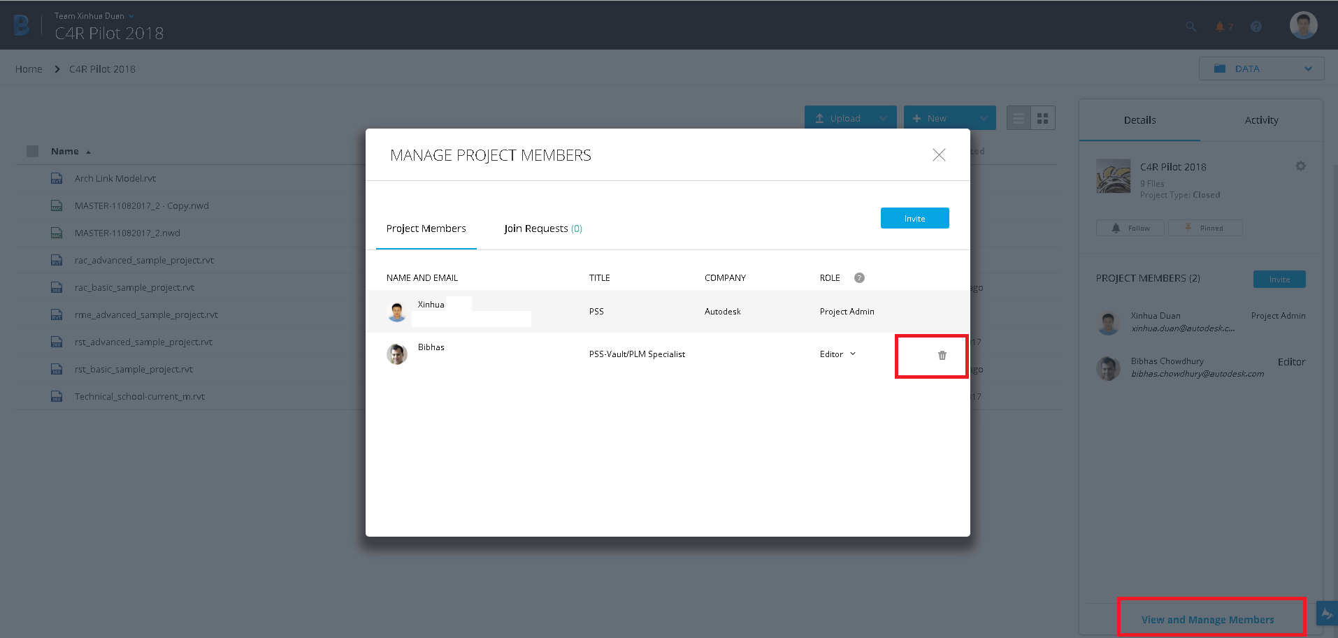 Remove a project member from any BIM 360 team project/C4R project