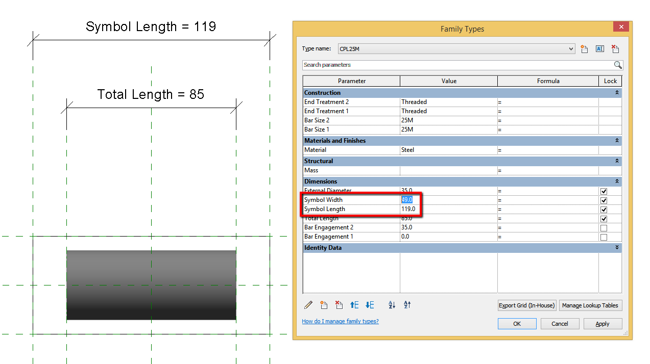 Revit 2018: Standard Rebar Coupler에서 Bar Engagement를 "0"값을 넣었지만 2D 뷰에서는 ...