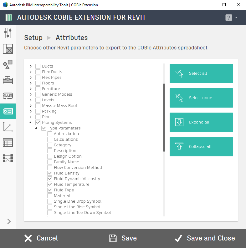 COBie Extension for Revit - Attribute Settings