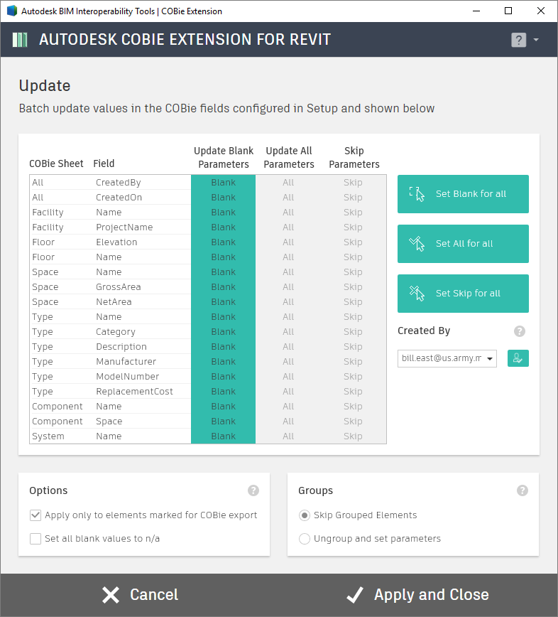 COBie Extension for Revit - Update