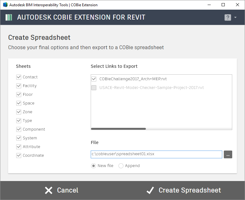 COBie Extension for Revit - Create Spreadsheet
