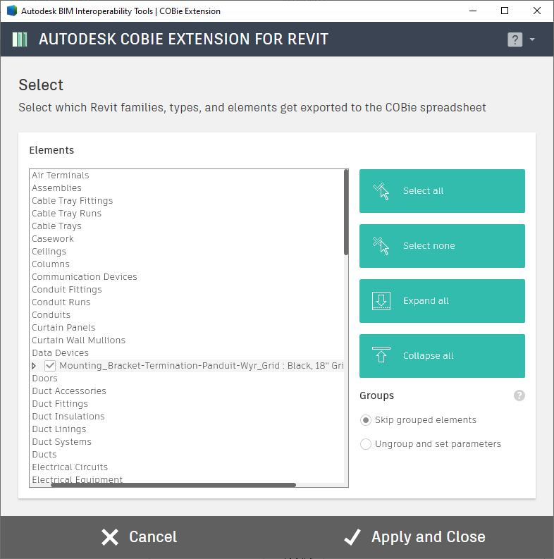 COBie Extension for Revit - Select