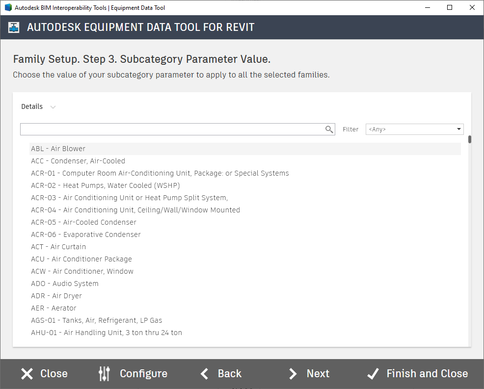 Equipment Data Tool – Setup Families