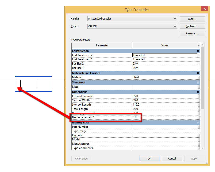 Revit 2018: Standard Rebar Coupler에서 Bar Engagement를 "0"값을 넣었지만 2D 뷰에서는 ...