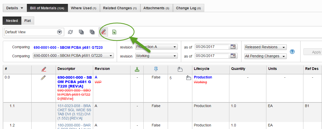 Viewing only the changes between BOM revisions