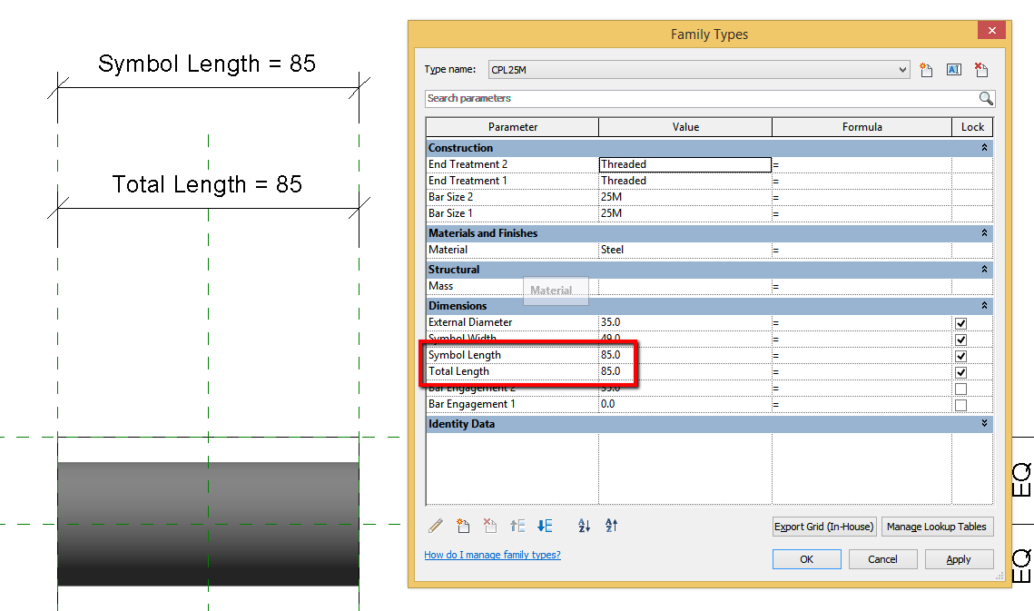 Revit 2018: Standard Rebar Coupler에서 Bar Engagement를 "0"값을 넣었지만 2D 뷰에서는 ...