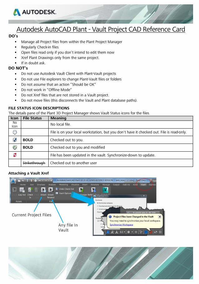 Autodesk AutoCAD Plant 3D - Vault Project User Reference Card
