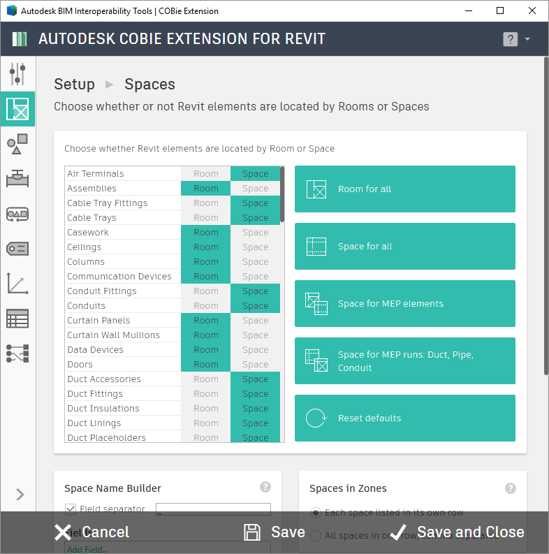 COBie Extension for Revit - Spaces Settings
